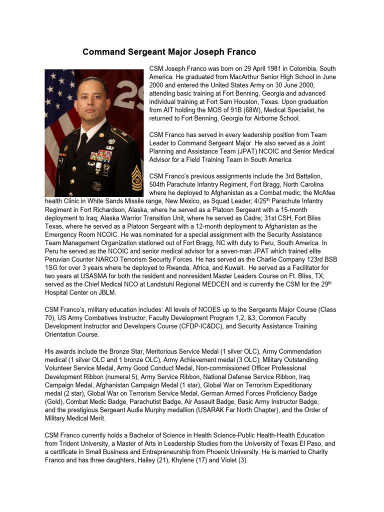 Command Sergeant Major Joseph Franco Bio | PDF | Military | Military ...