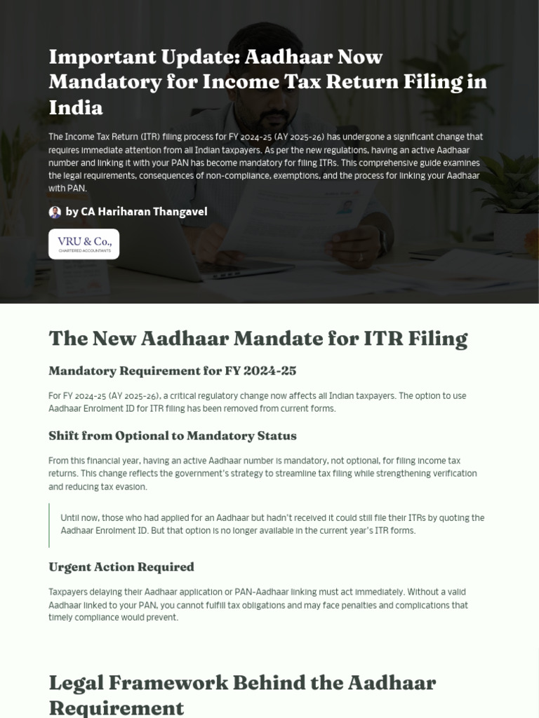 Important Update Aadhaar Now Mandatory For Income Tax Return Filing in India | PDF | Taxes ...