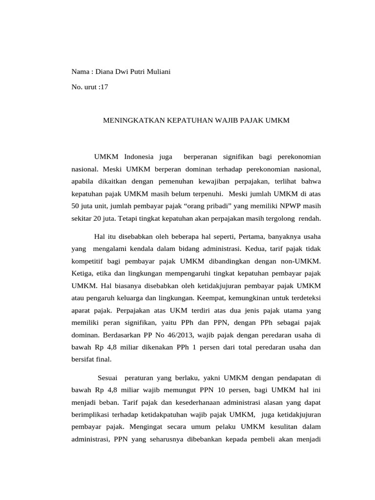 D3ot A - Diana Dwi P. M. - Meningkatkan Kepatuhan Wajib Pajak Umkm | PDF