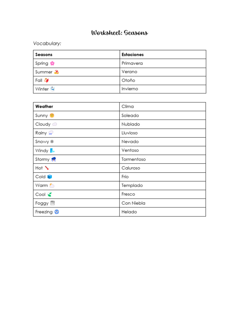 Seasons and Weather Vocabulary Worksheet | PDF