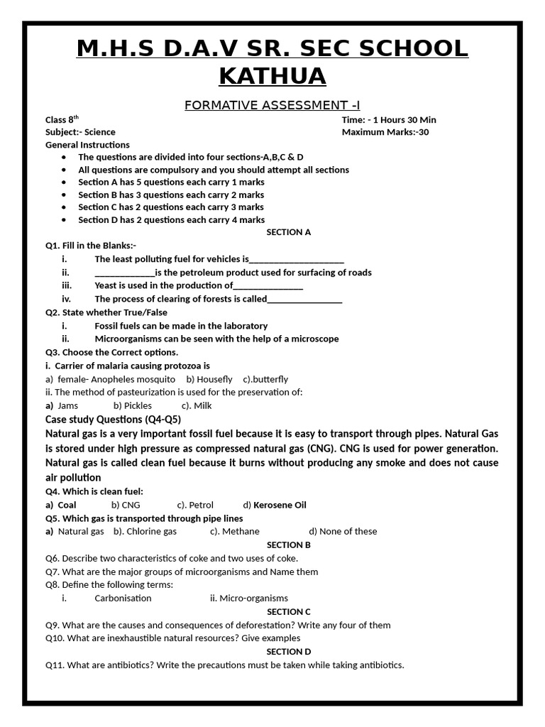 Class 8 Science Formative Assessment 2025-26 | PDF | Natural Gas | Fuels