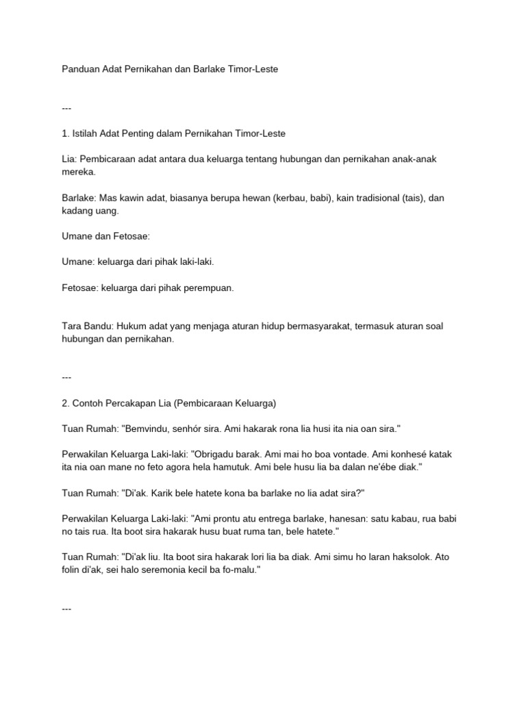 Panduan Adat Pernikahan Dan Barlake Timor-Leste | PDF