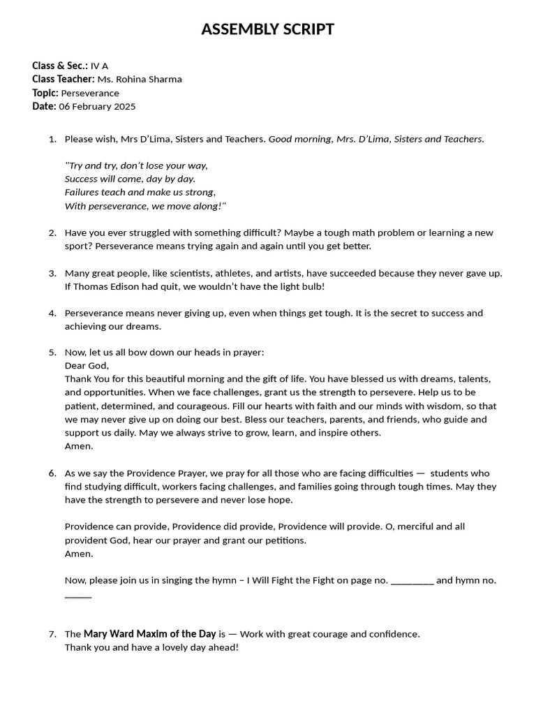 Perseverance: A School Assembly Script | PDF | Courage | Prayer