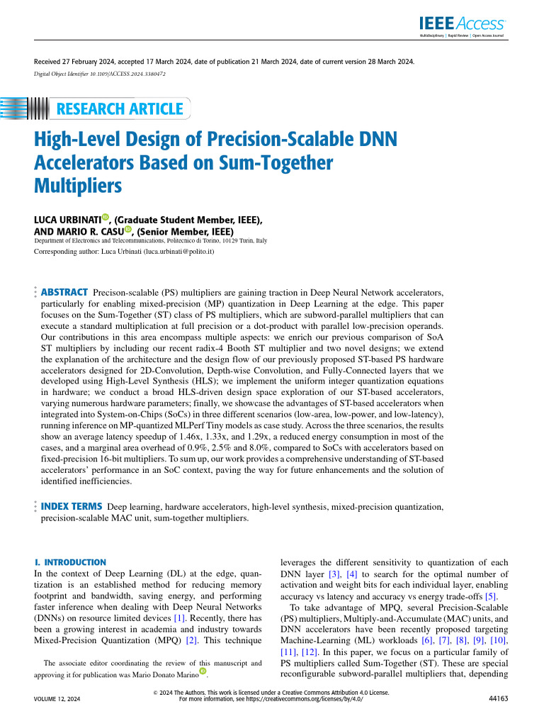 High-Level Design of Precision-Scalable DNN Accelerators Based On Sum-Together Multipliers | PDF ...