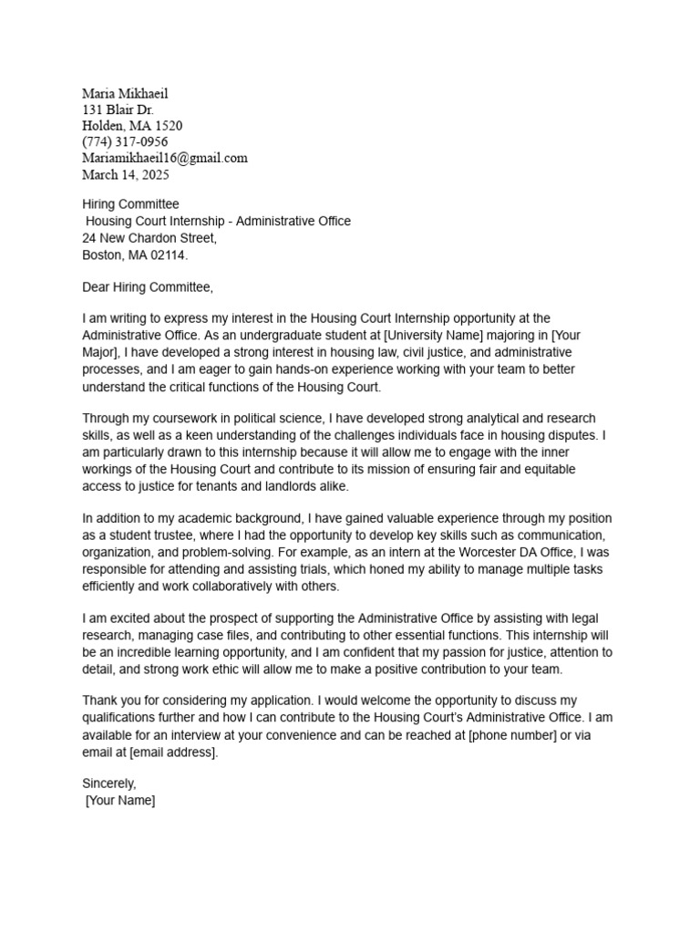 Cover Letter Housing Court Internship Administrative Office Pdf