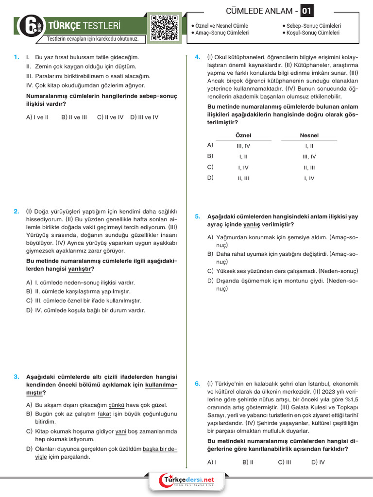 Sinif Indirilebilir Testler Cumlede Anlam 01 | PDF