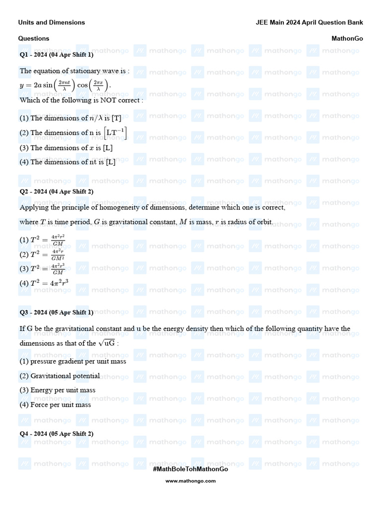 JEE Main 2024: Units & Dimensions Questions | PDF | Classical Mechanics ...