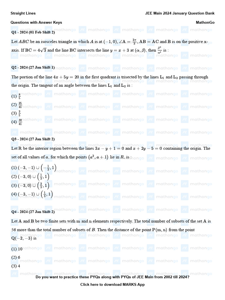 6.straight Lines - JEE Main 2024 | PDF | Triangle | Angle