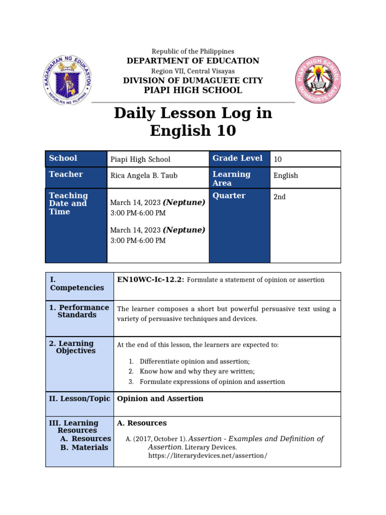 English 10 Lesson Plan 2 Opinions and Assertions Taub Rica Angela B | PDF | Feeling | Opinion
