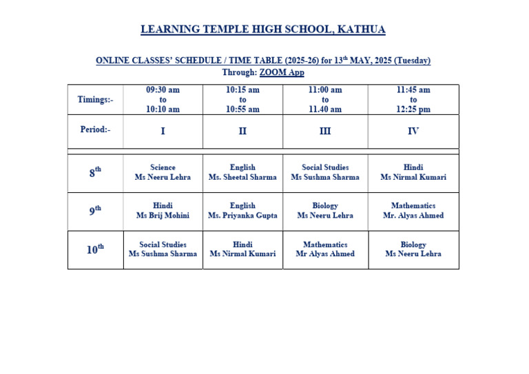 13.05.2025 - Schedule For Online Classes | PDF