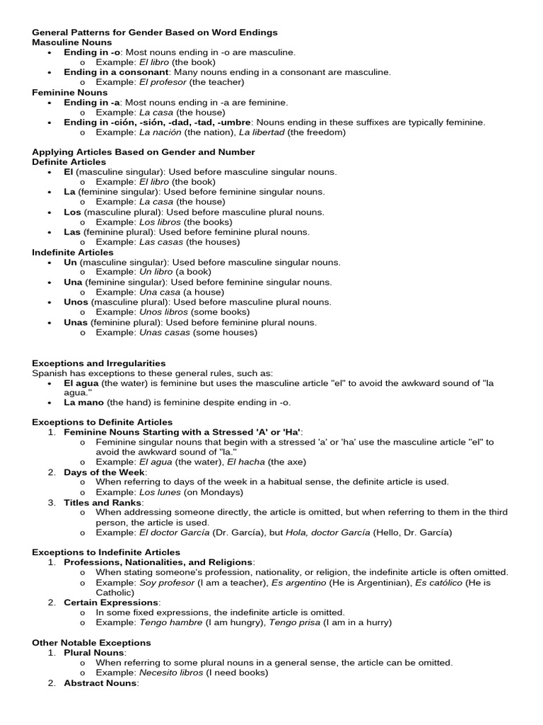 Spanish Gender Nouns and Articles Guide | PDF | Grammatical Gender | Plural