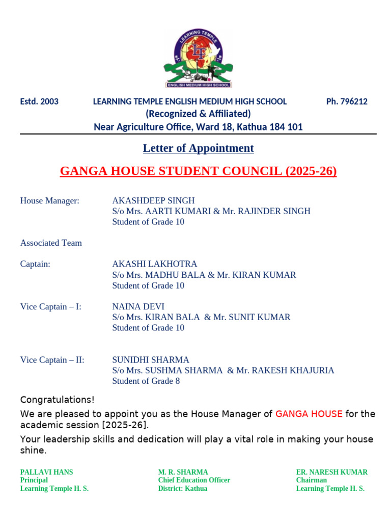 Student Council Appointments 2025-26 | PDF