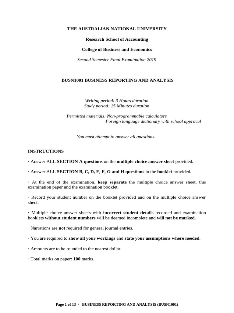 BUSN1001 Final Examination Paper S2 2019 - Final 2 | PDF | Expense ...