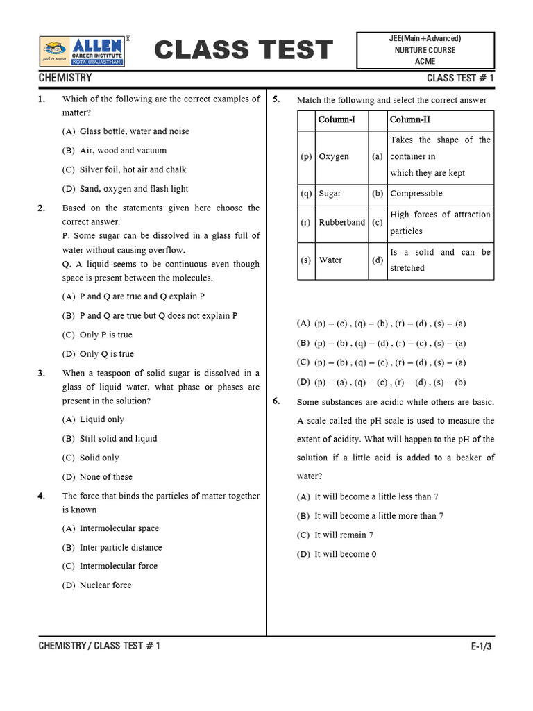 CT # 01 Chemistry - Cag Sir | PDF | Water | Liquids