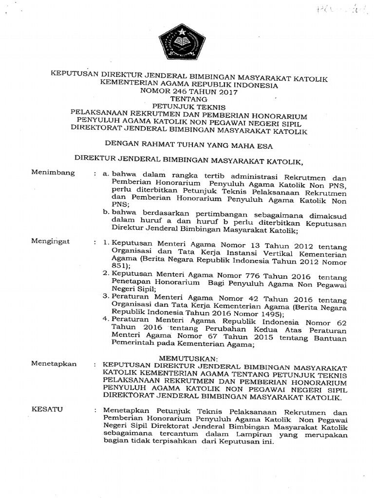 Kepdirjen Bimas Katolik No 246 Tahun 2017 Tentang Juknis Pelaksanaan Rekrutmen Dan Pemberian ...