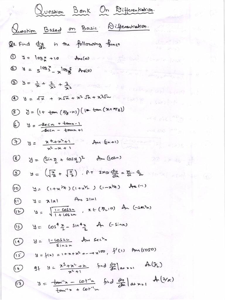 Question Bank On Differentiation - Final | PDF