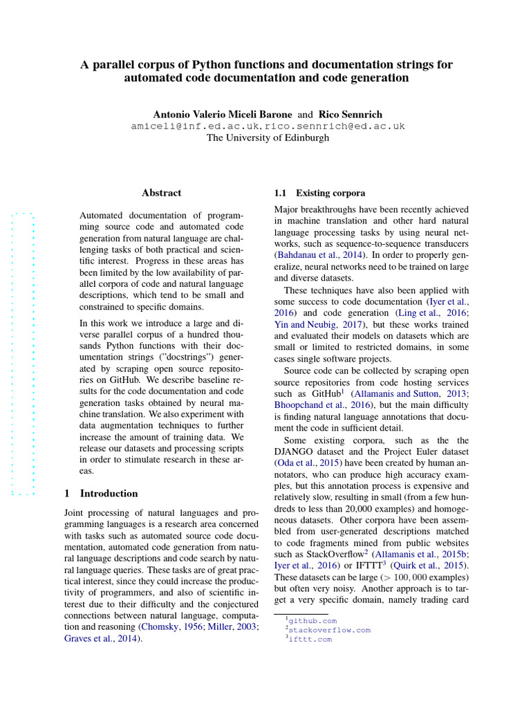 A Parallel Corpus of Python Functions and Documentation Strings For ...