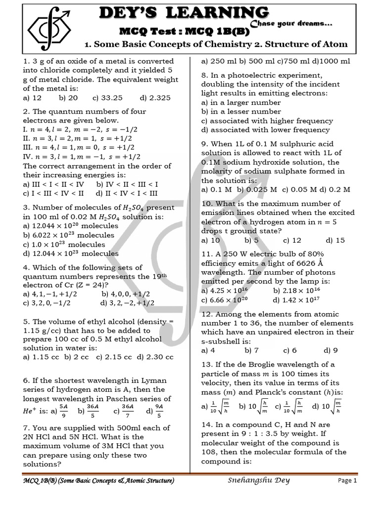 MCQ 1B (B) (DL) Basic Concepts, Atom STR | PDF | Photoelectric Effect ...