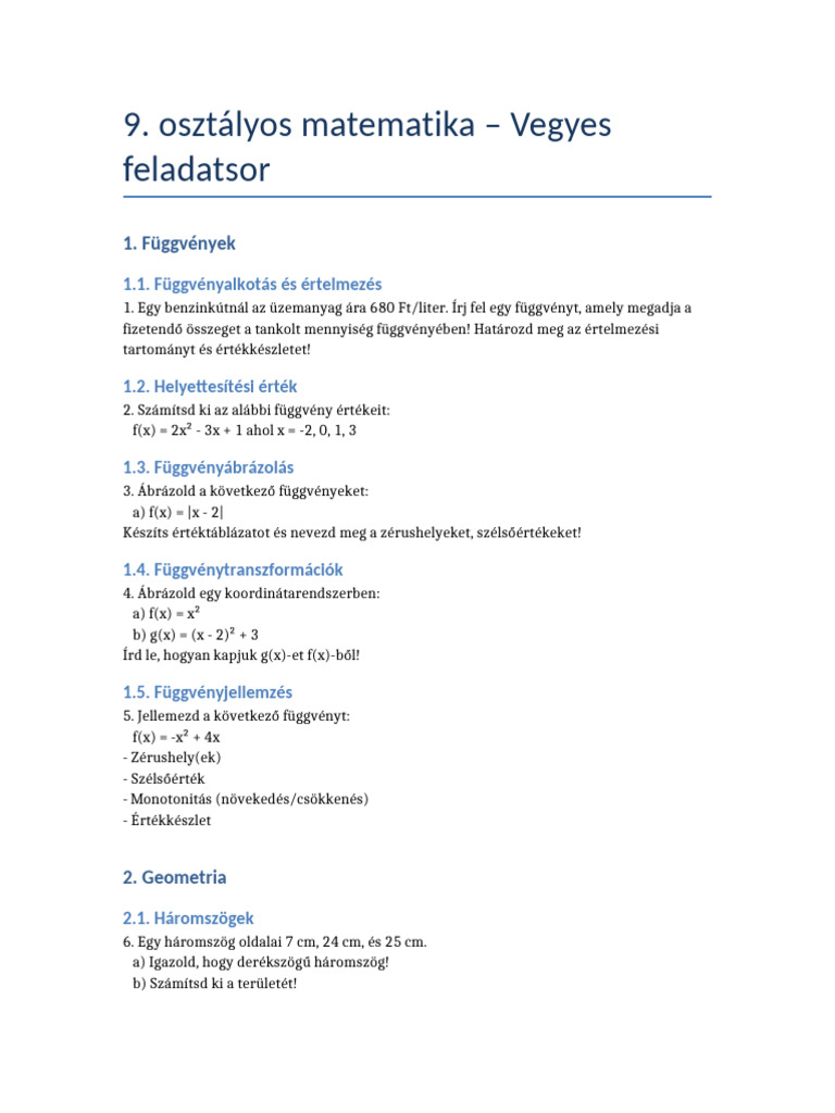 9 Osztaly Vegyes Feladatsor | PDF