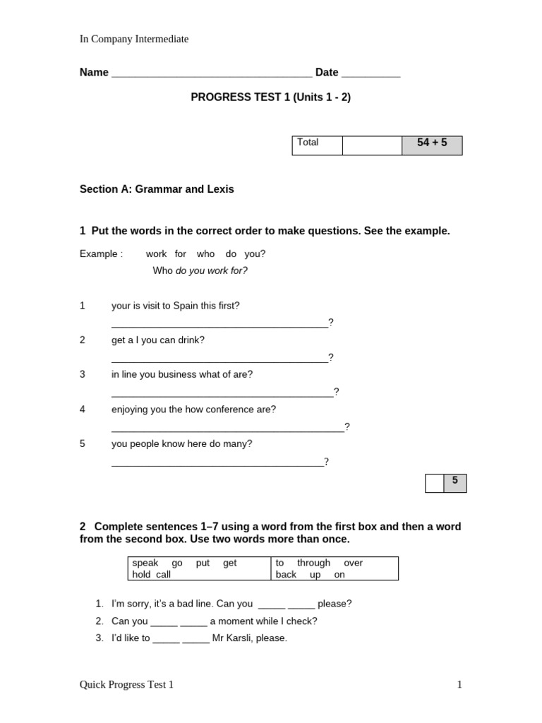 In Company Intermediate Progress Test 1 | PDF