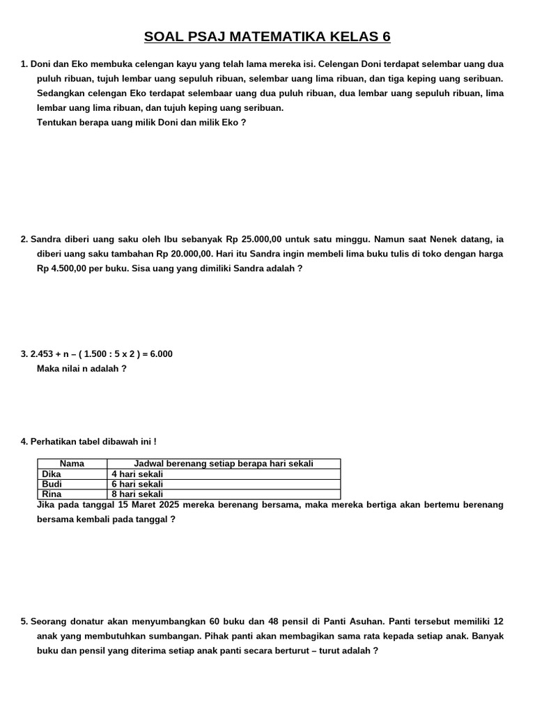 Soal Psaj Matematika Kelas 6 | PDF