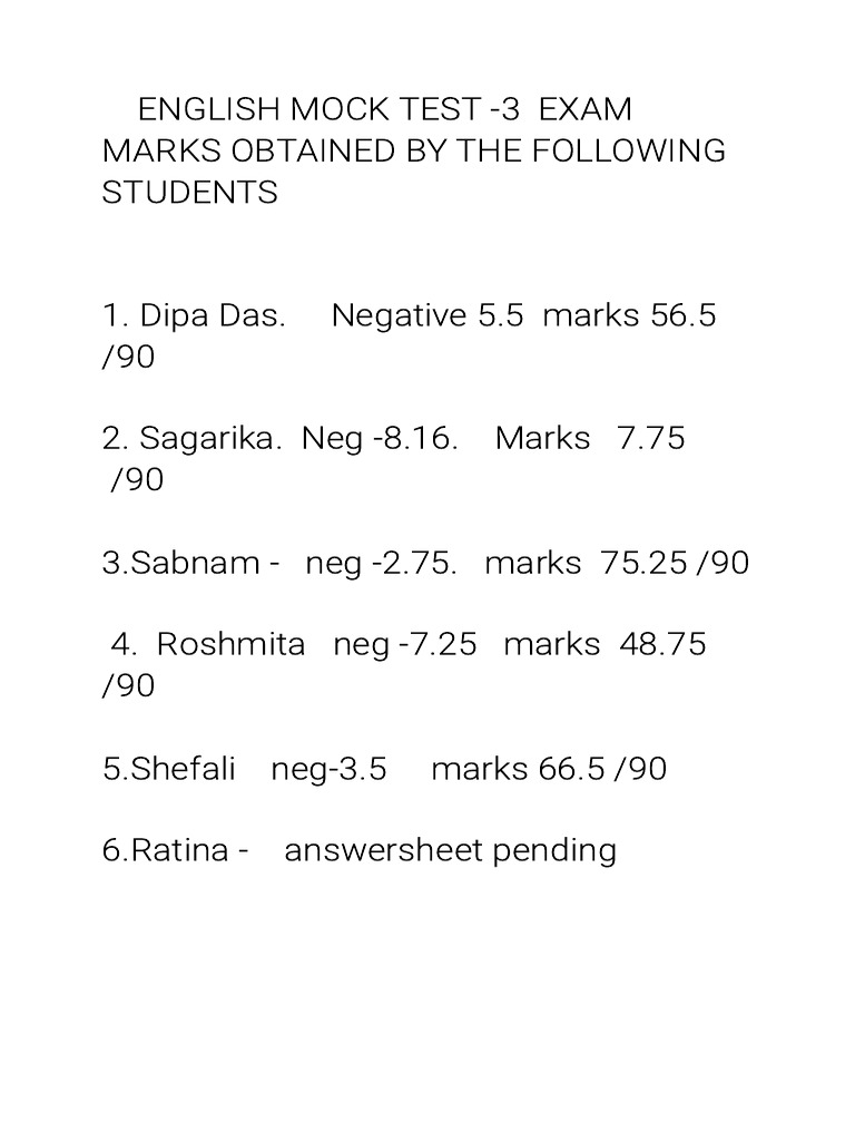 English Mock Test-3 Examination Marks | PDF