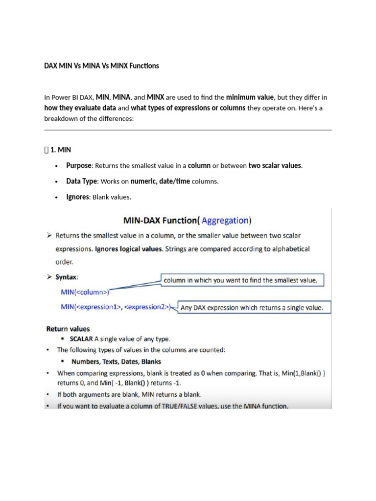 Dax Min Vs Mina Vs Minx Functions | PDF | Mathematical Logic | Computer Programming