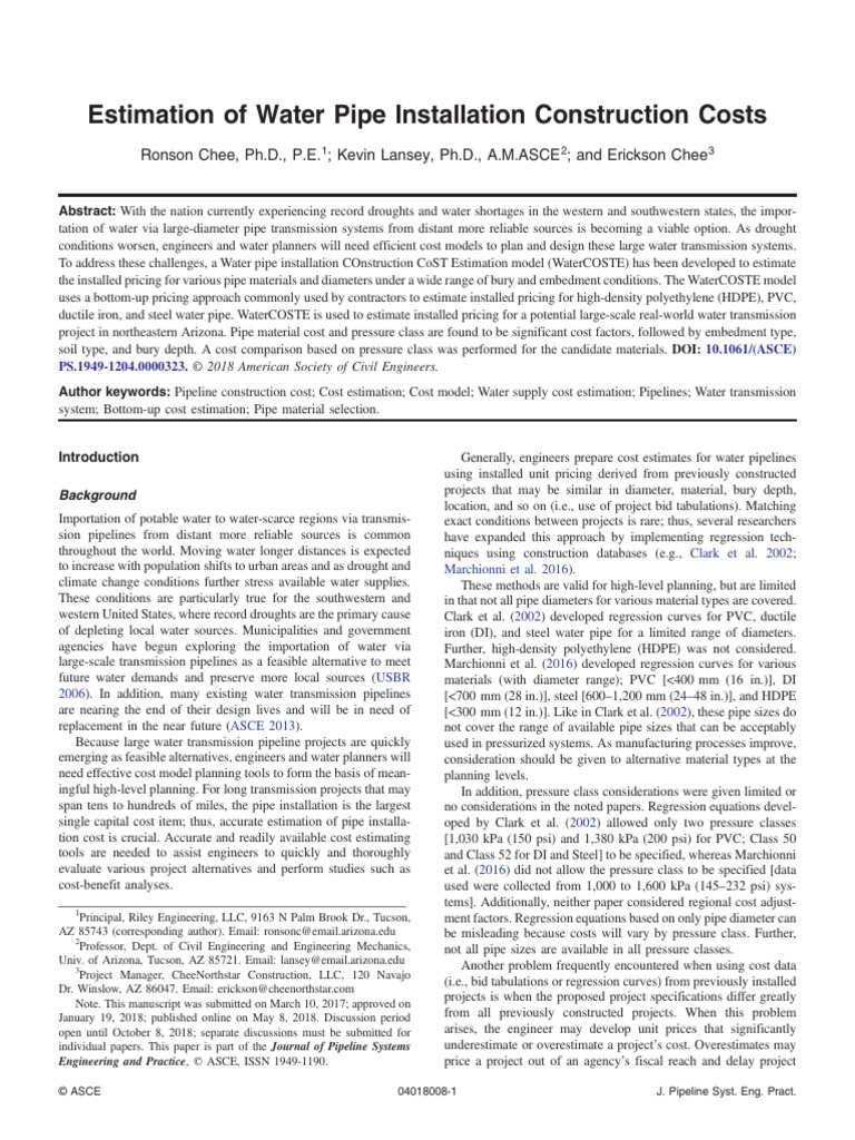 Pipeline Costs | PDF | Pipe (Fluid Conveyance) | Plumbing