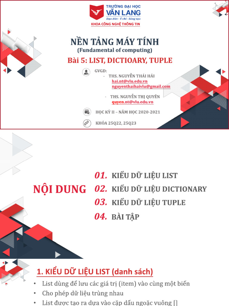 LIST - Kiểu Dữ Liệu List - Dictionary - Tuple | PDF