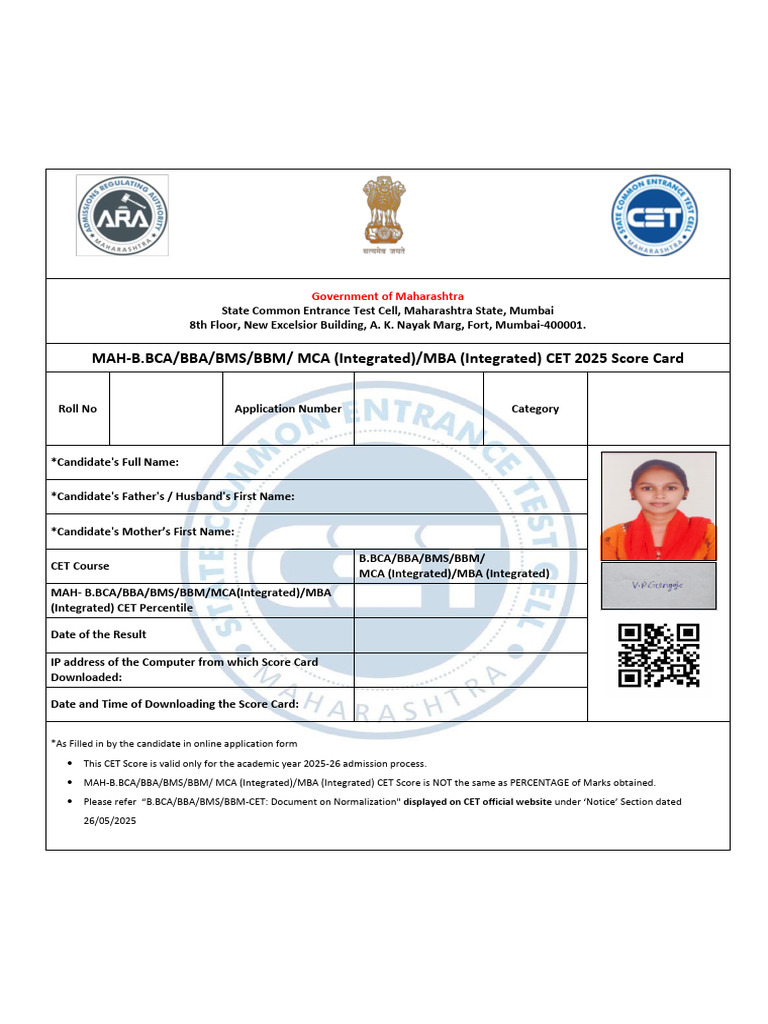 MAH-B.BCA/BBA/BMS/BBM/ MCA (Integrated) /MBA (Integrated) CET 2025 Score Card | PDF