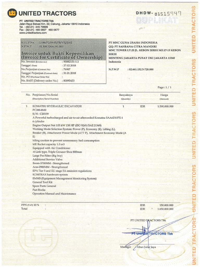Certificate Exca Pc200-8m0 SN c20339 | PDF