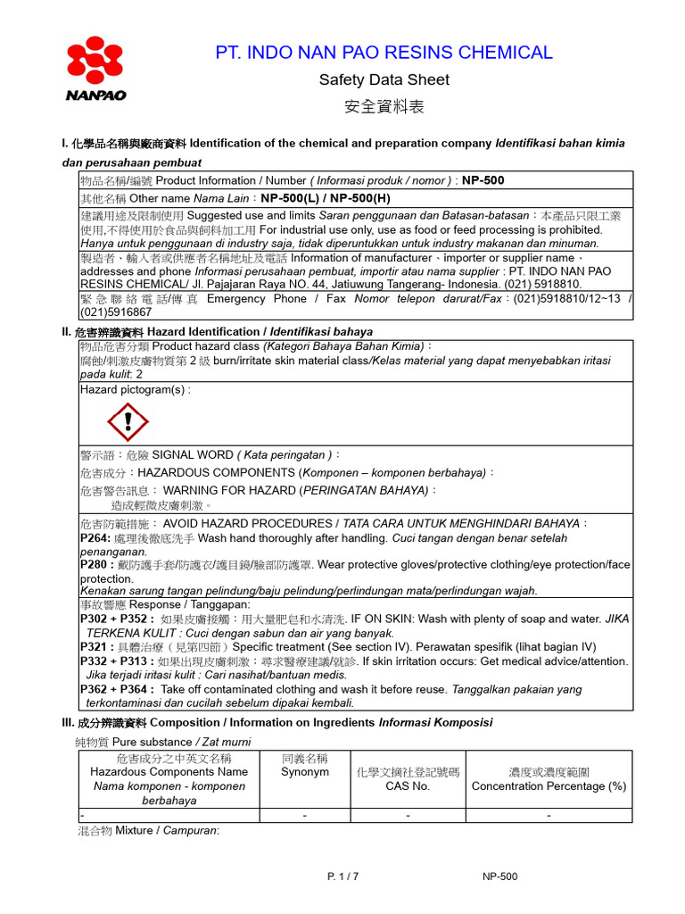 08.1. SDS NP-500 Including NP-500 (H) and NP-500 (L) | PDF