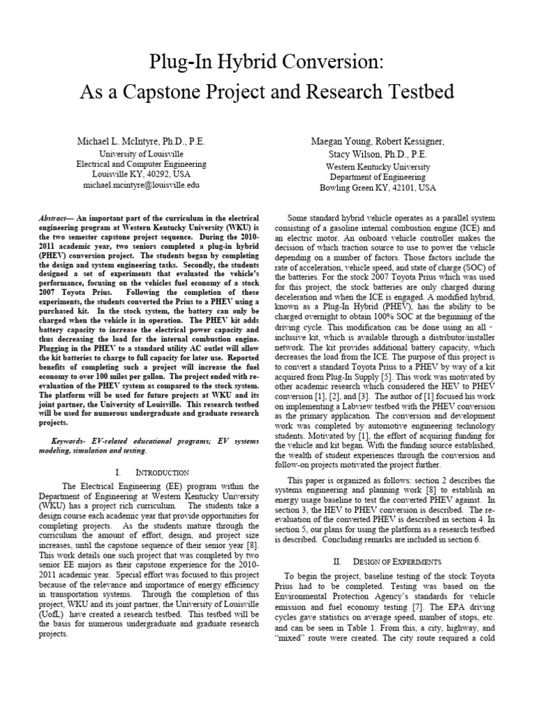 Plug-In Hybrid Conversion As A Capstone Project and Research Testbed ...