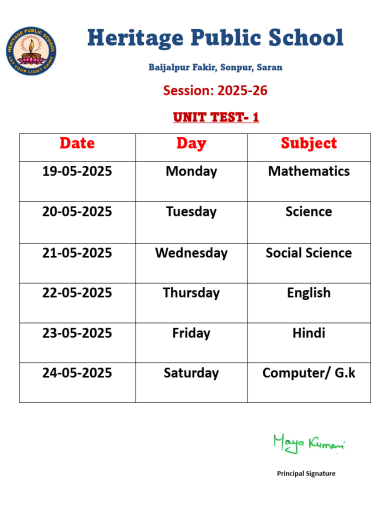 Heritage Public School Unit Test Schedule | PDF