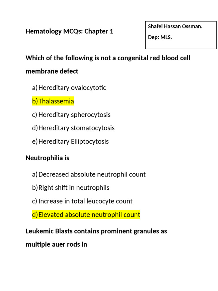 Hematology MCQs by Shafei | PDF | Blood Cell | Coagulation
