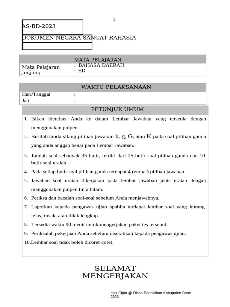 AS-BD-2023 Dokumen Negara Sangat Rahasia: Selamat Mengerjakan | PDF
