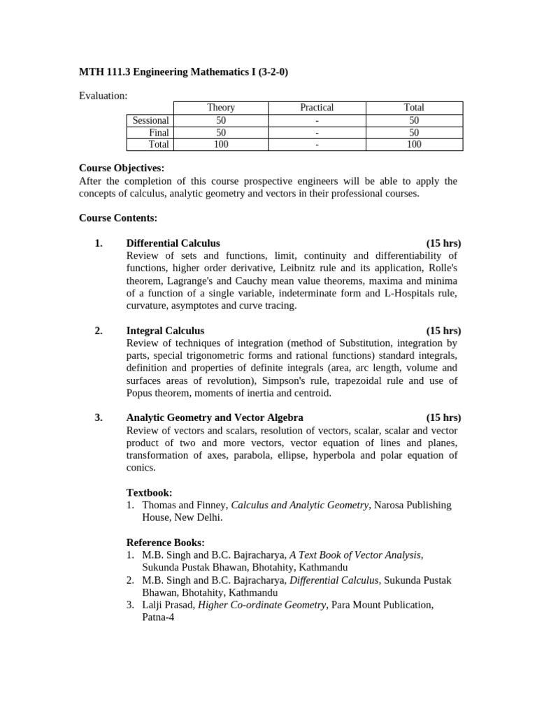 1 MTH 111.3 Engineering Mathematics I (3-2-0) | PDF
