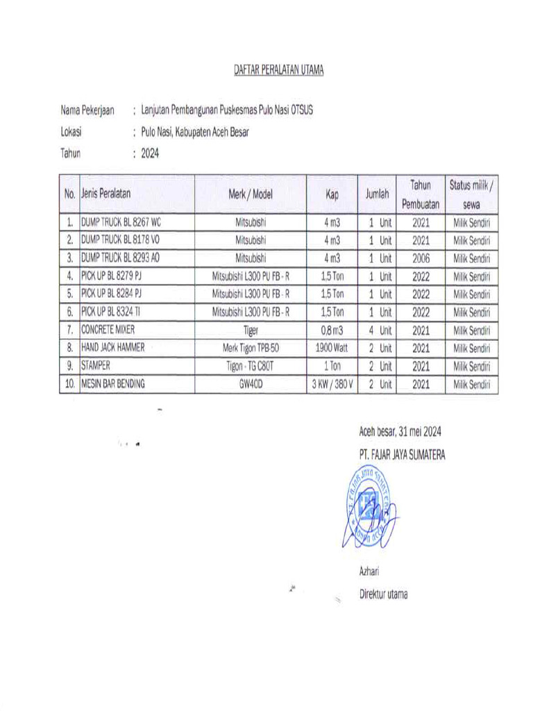 Daftar Isian Peralatan Utama | PDF