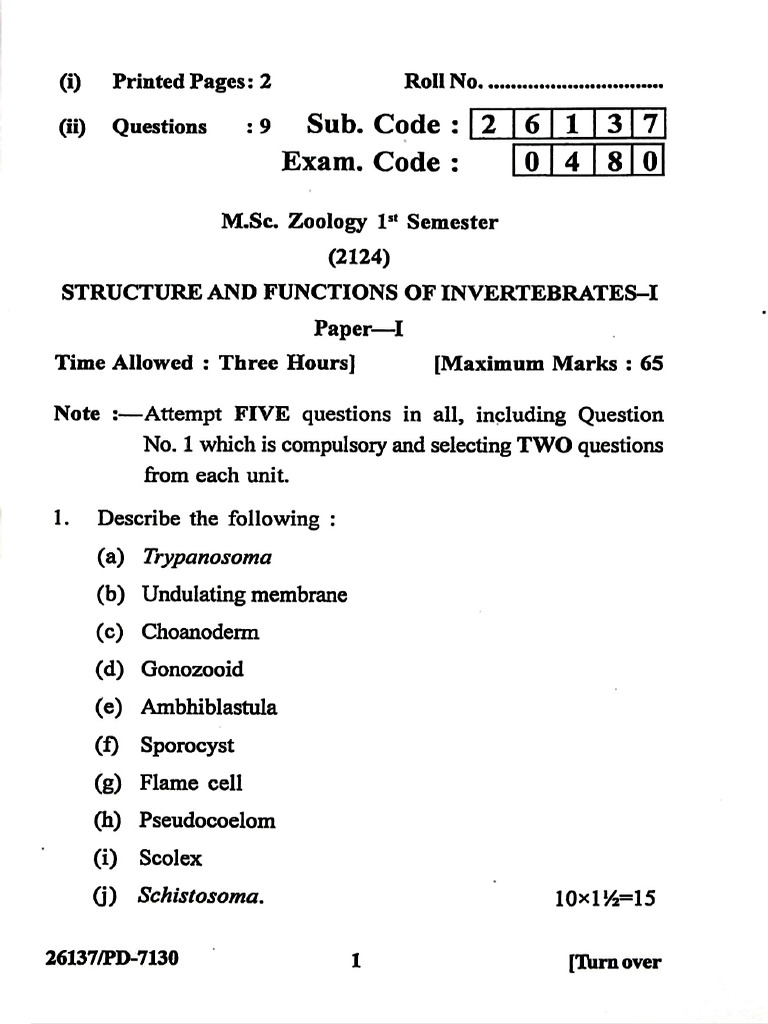 MSC - Zoology - 1st Sem - Paper I - Structure and Functions of ...