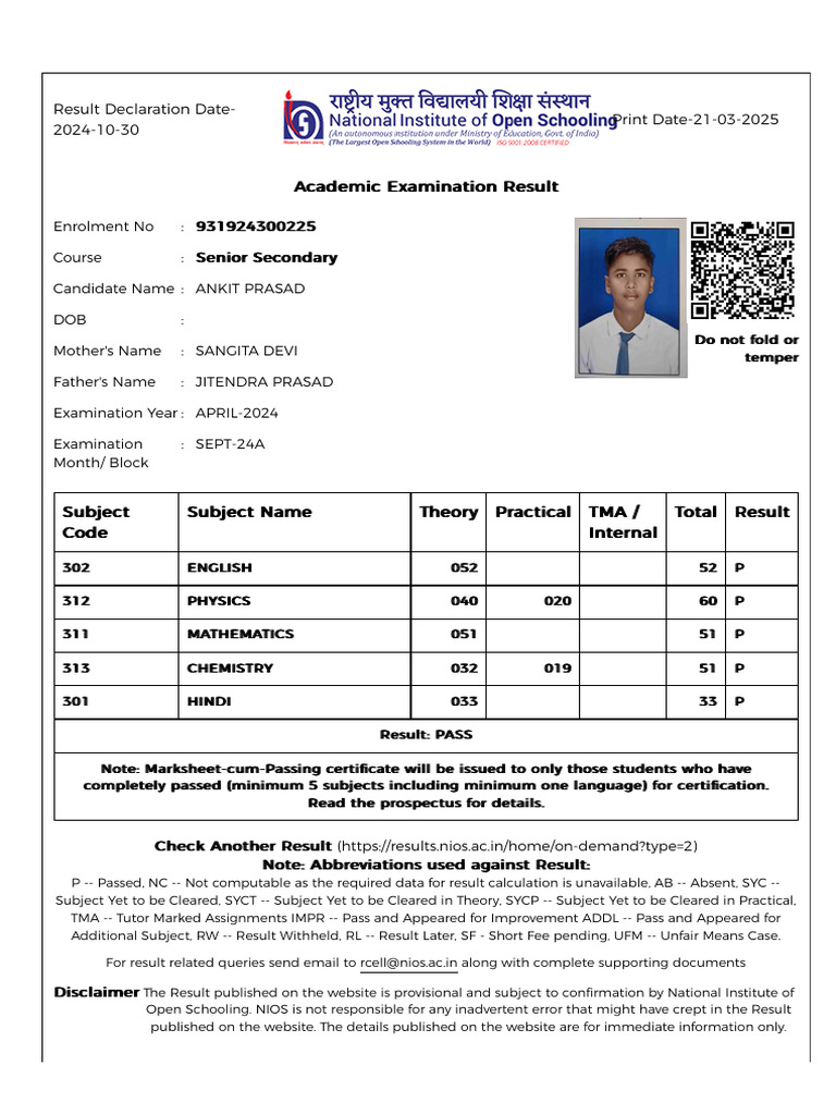 Result - National Institute of Open Schooling | PDF