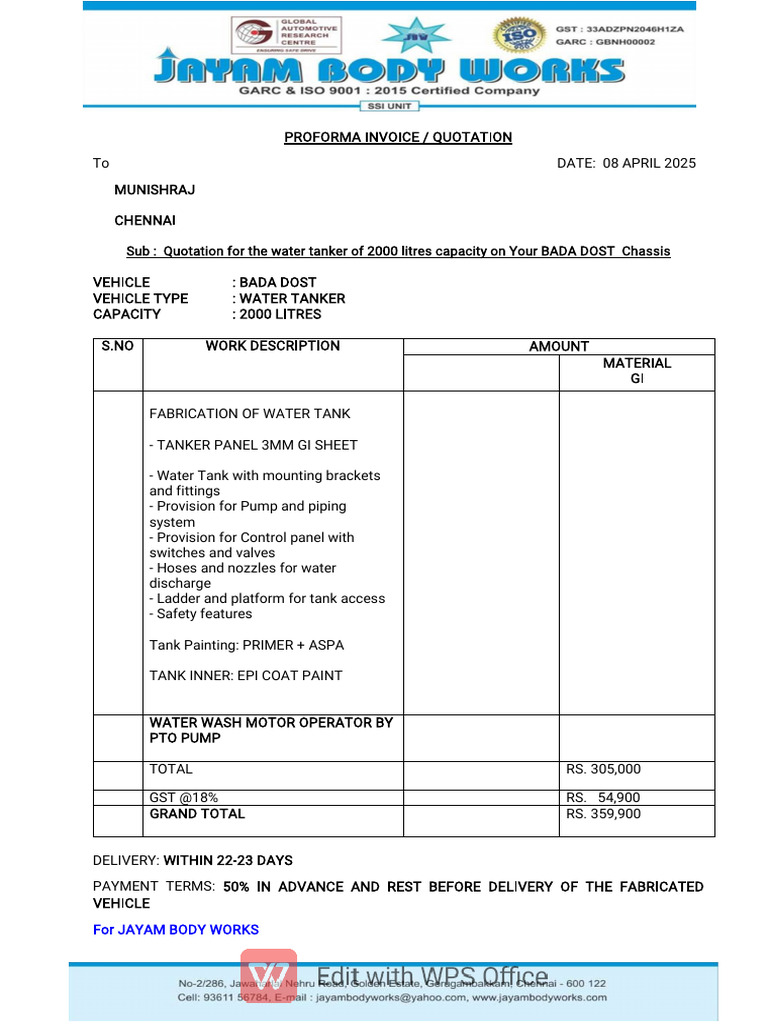 Water Tanker 2000 Litres Al Bada Dost | PDF