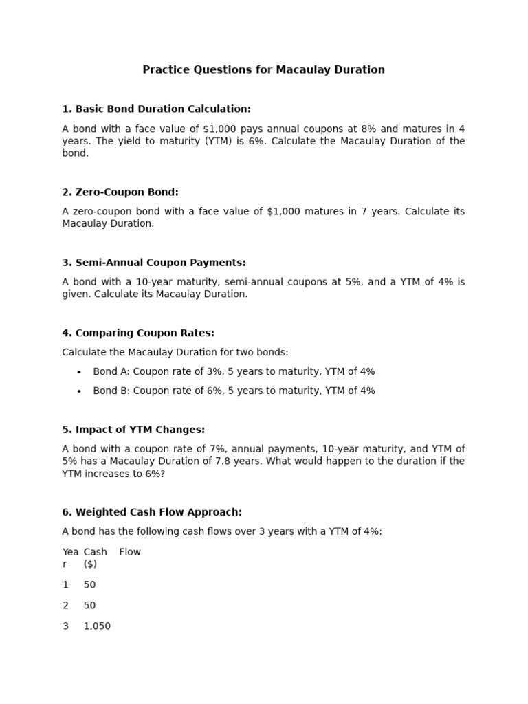 Macaulay Duration Practice Questions | PDF