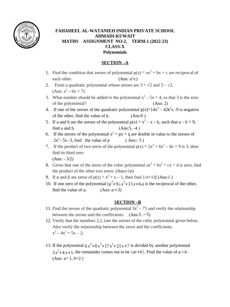 Assignment No 1 Polynomials | PDF | Polynomial | Zero Of A Function