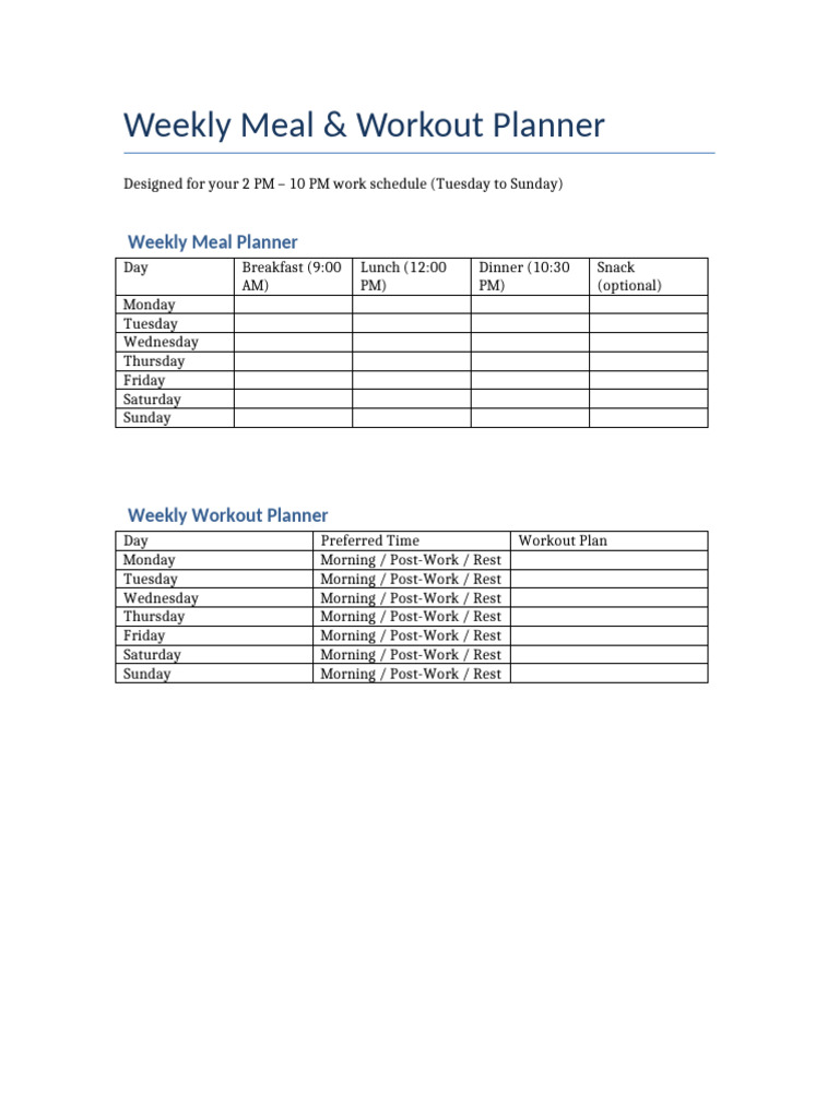 Weekly Meal and Workout Planner | PDF