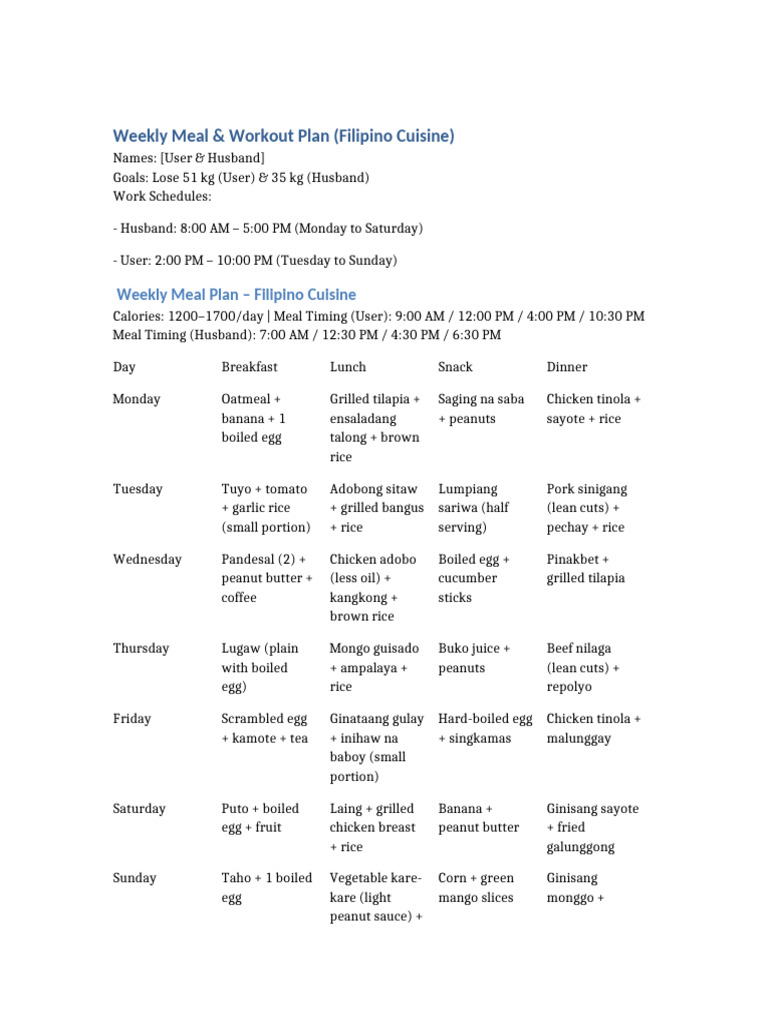 Filipino Weekly Meal and Workout Plan | PDF | Western Cuisine ...