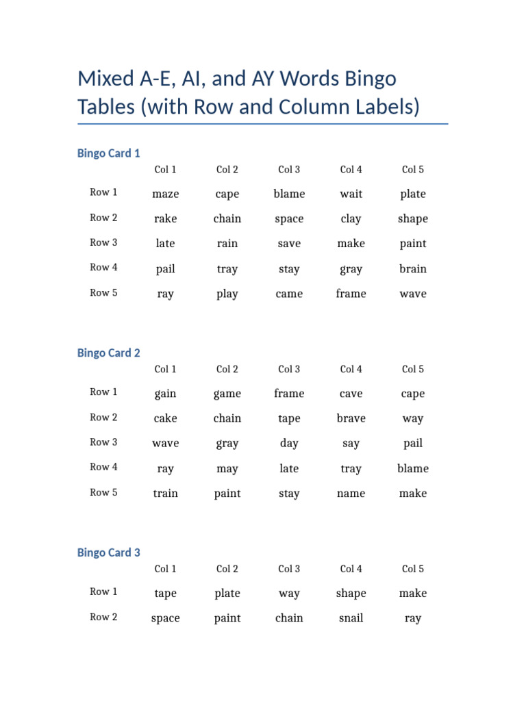 Labeled Mixed AE AI AY Bingo Cards | PDF