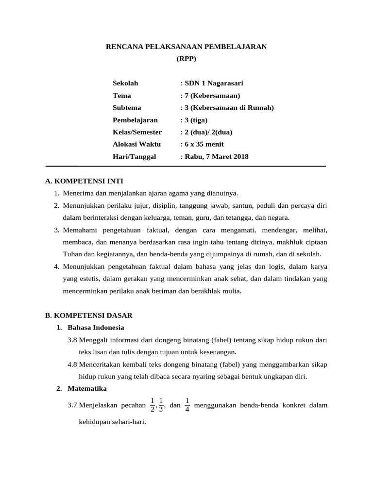 RPP Kelas 2 Tema 7 Subtema 1 PMB 3 | PDF