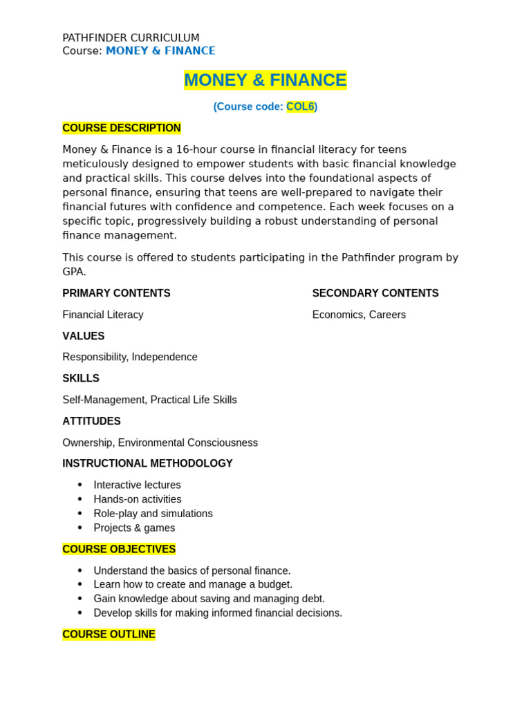 PFJ - Syllabus and LP Template | PDF | Financial Literacy | Budget