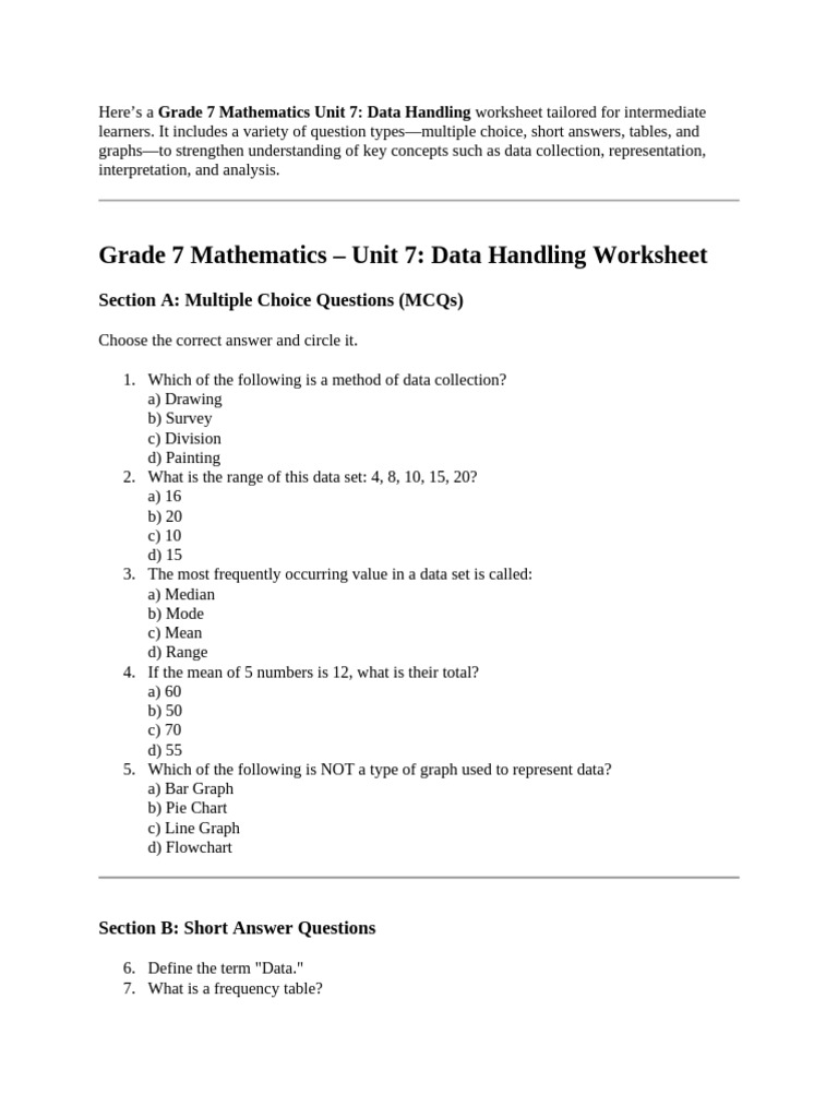 Mathematics Unit 7 Data Handling Worksheet and Answer Key | PDF | Mean | Pie Chart