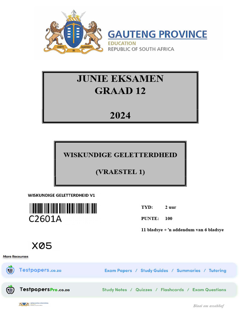 GR 12 Mathematical Literacy P1 (Afrikaans) June 2024 Question Paper | PDF